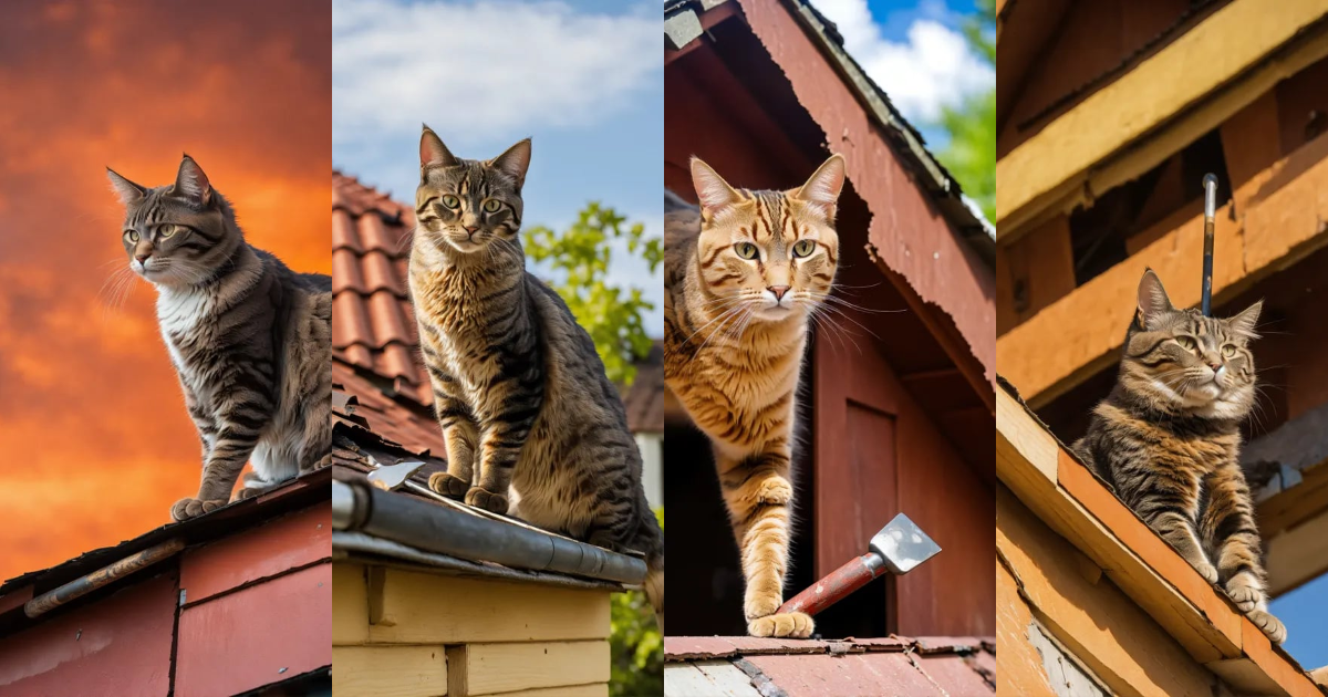 Lexica - Cat with a hammer repairs the roof of a house