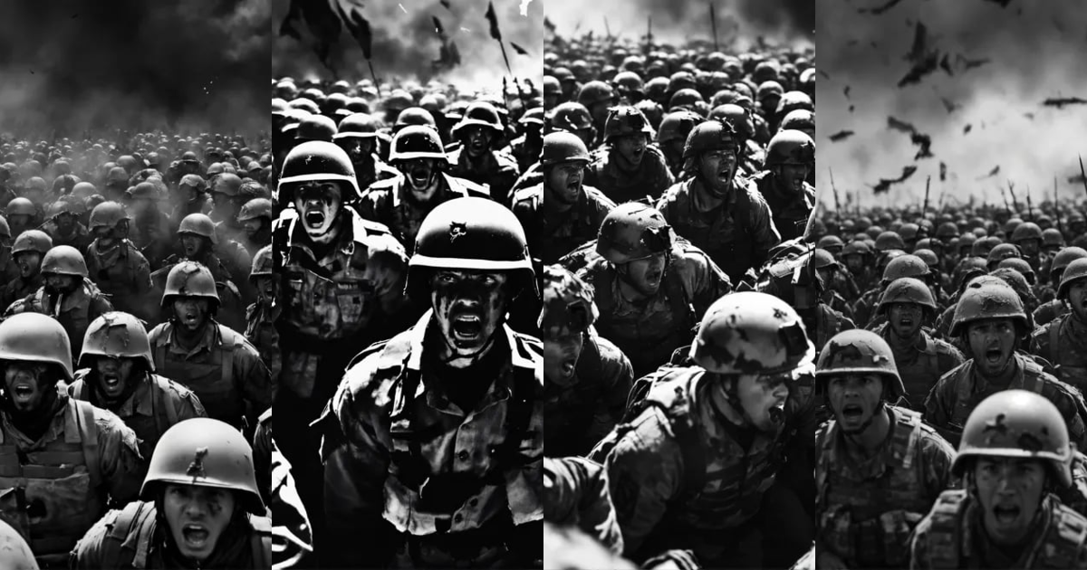 Lexica - Black and white illustration of army of enraged soldiers ...