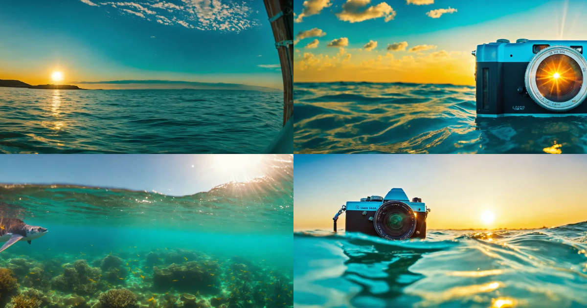 Lexica - Undewater Blue sea camera pointing to the sun above water ...