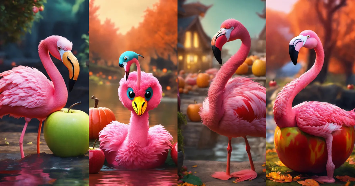 Lexica - A ‘pink flamingo in a dragon costume bobbing for apples on ...