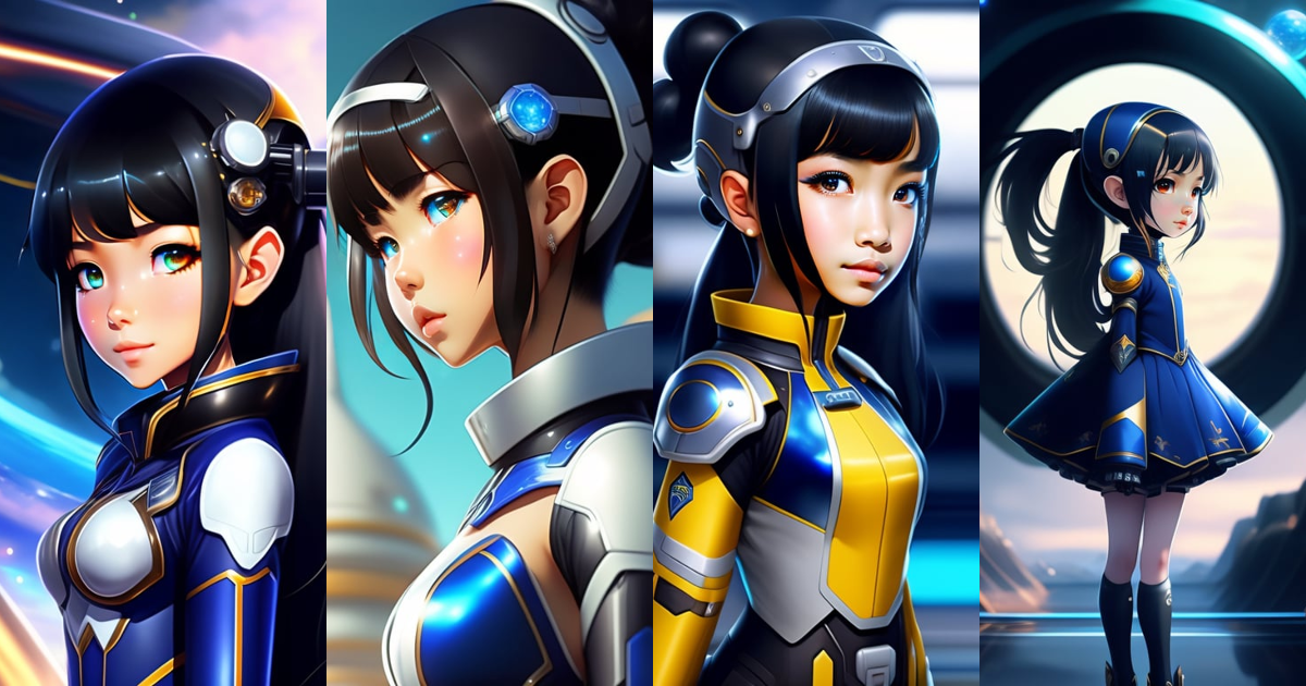 Lexica - Black and blue mecha, 11-year-old girl, elf ears, black hair ...