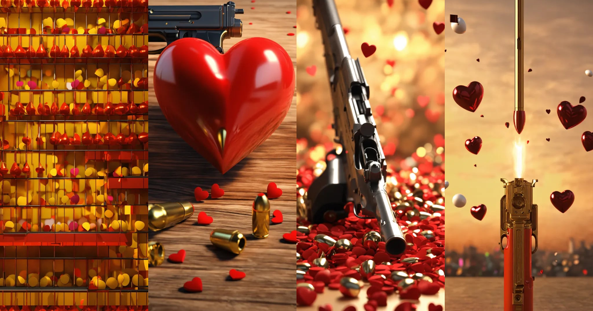 Lexica - A gun shooting love bullets, 3d render