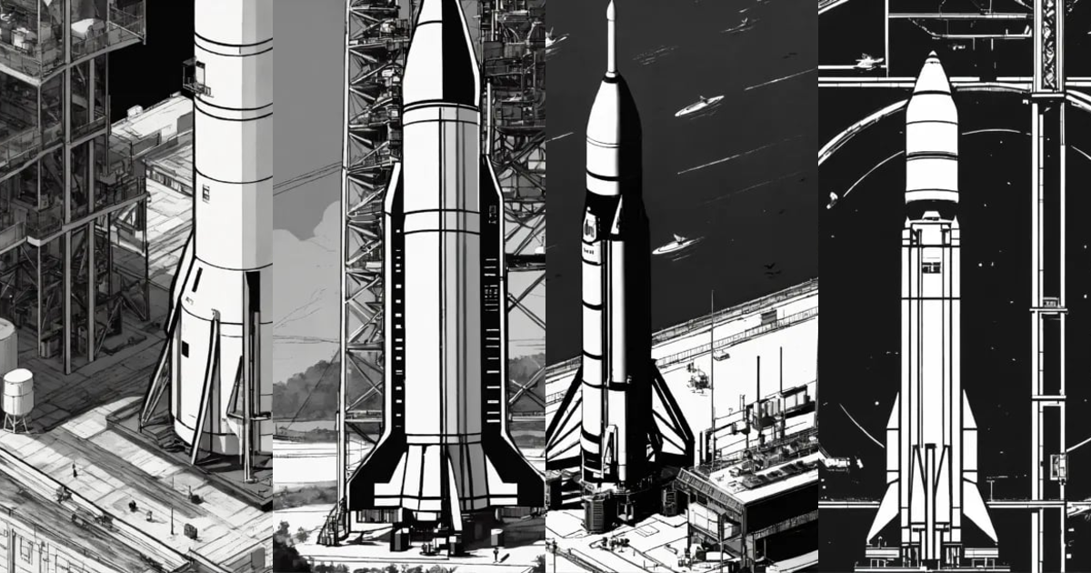 Lexica - Birds eye view of Saturn V rocket on launch pad, comic ...