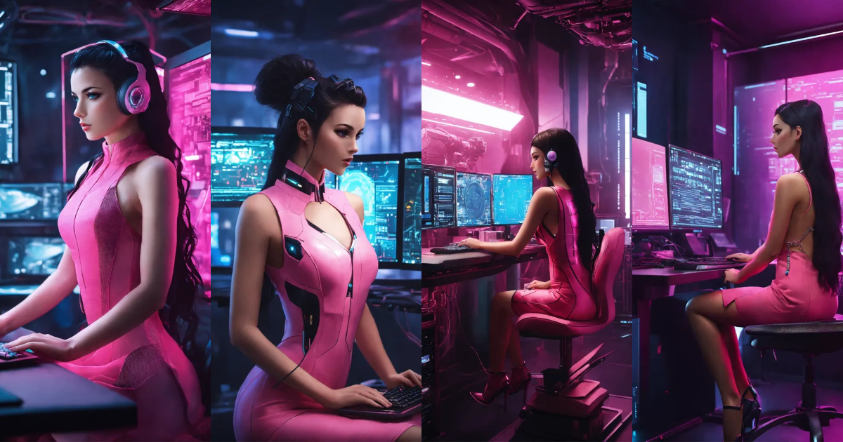 Lexica - Working with computer woman in pink dress, dark long hair, futuristic laboratory with ...
