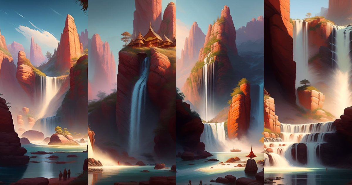 Lexica - Tribal village in red rock in front of a waterfall, medieval ...