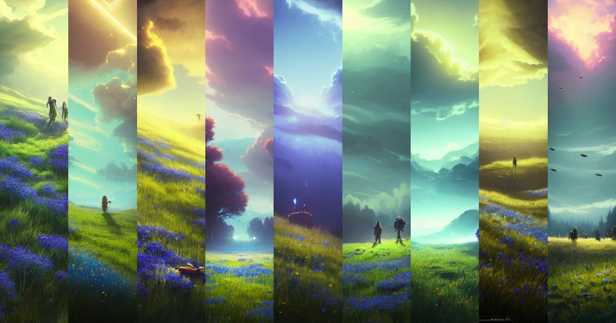 Lexica - Midnight, meadows on hills, blue flowers bloomed all over ...