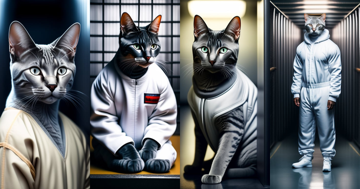Lexica - A humanoid grey cat wearing inmate white jumpsuit outfit in ...