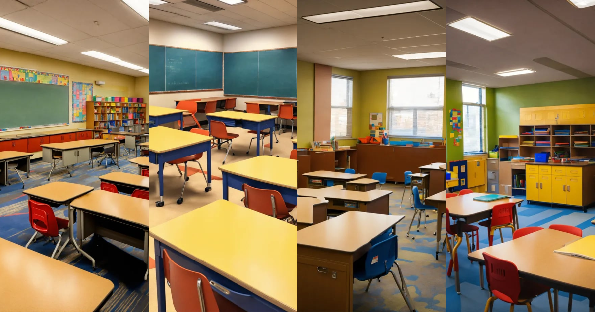 Lexica - A classroom with a teachers desk, and 5 student desks with 4 ...