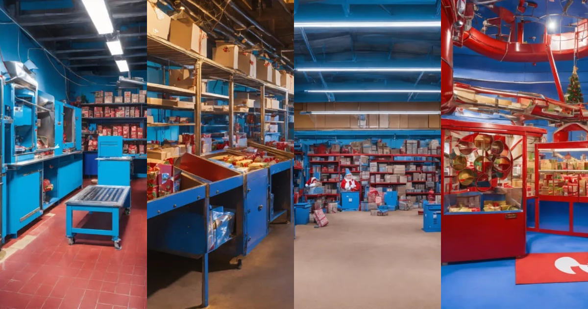 Lexica - Santa Claus gift factory from the inside in blue