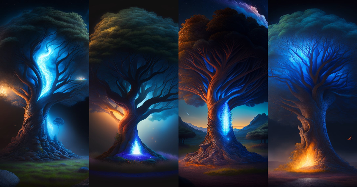 Lexica - A huge ancient magical tree with a blue fire at the center of ...