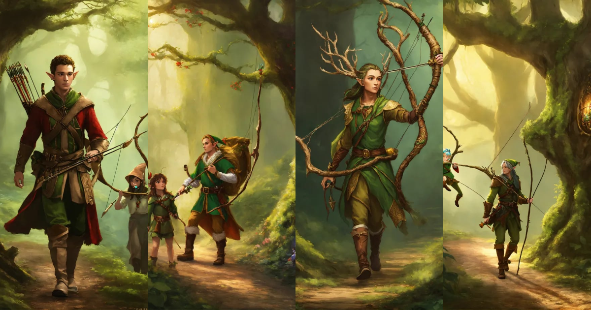 Lexica - An elf carrying a bow and an ent walking