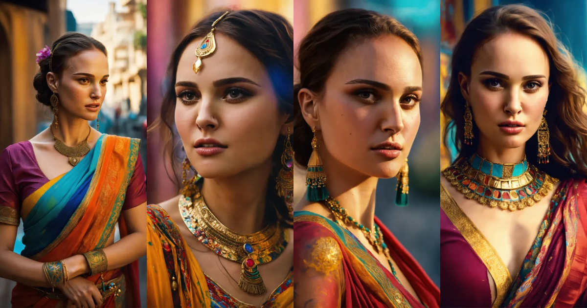 Lexica - Wearing a saree a painting style of "Natalie Portman" in ...