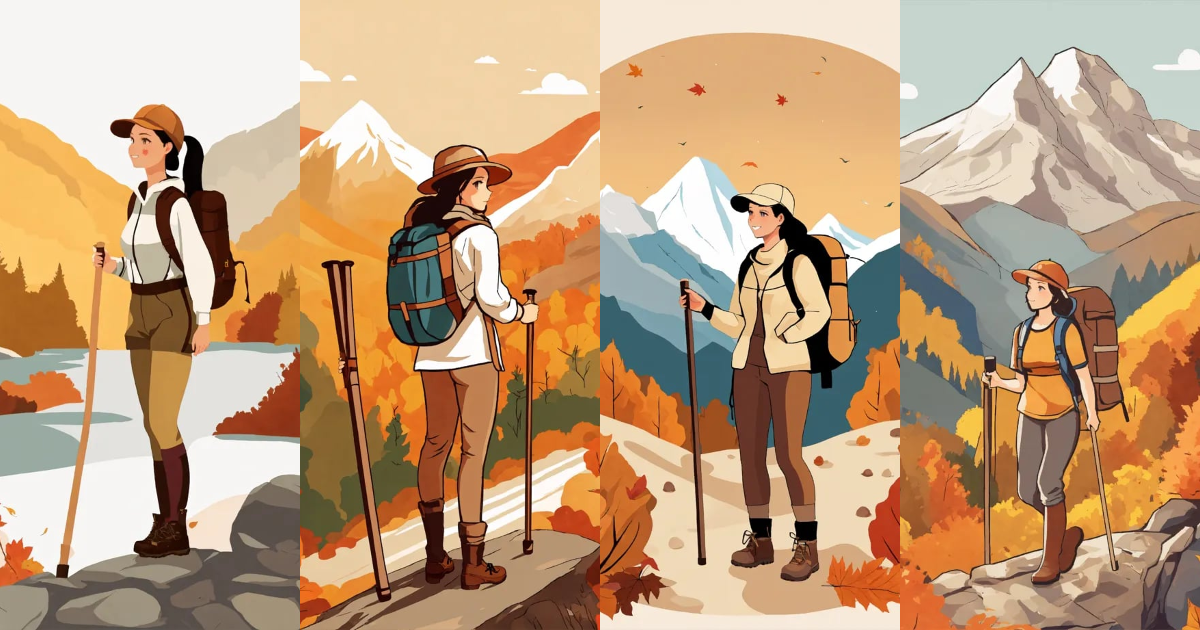 Lexica - Cute female hiker, with wooden hiking stick, in autumn and ...