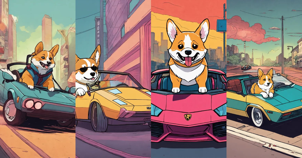 Lexica - Villain evil corgi driving a Lambo . Graphic novel style.