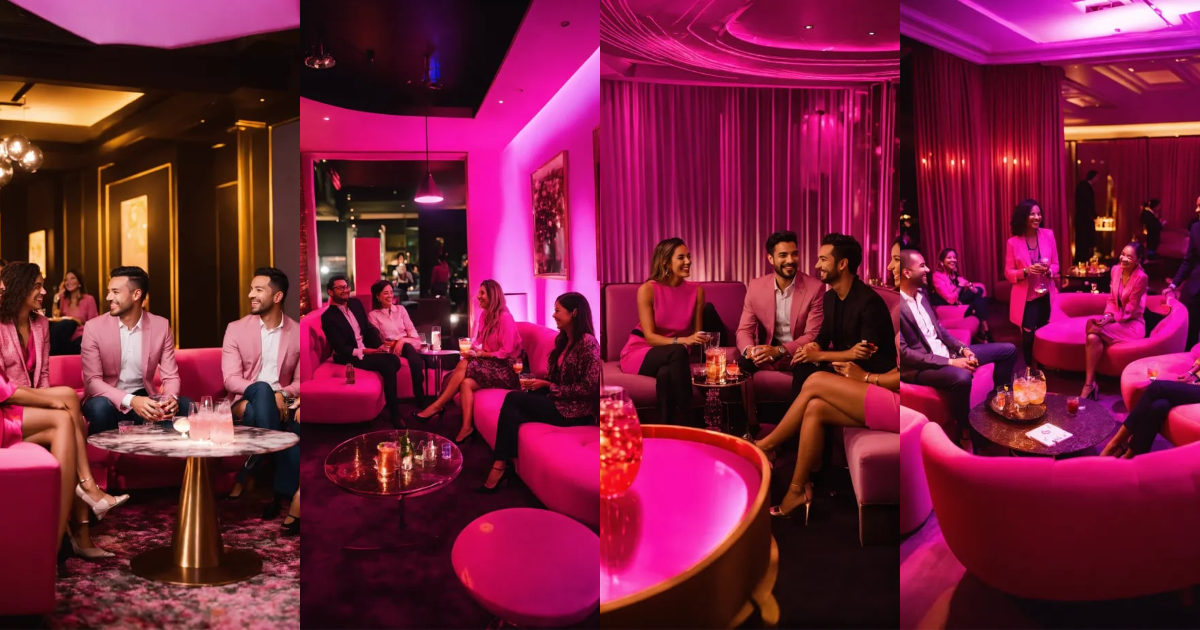 Lexica - A long shot of a group startup founders in a dark pink ...
