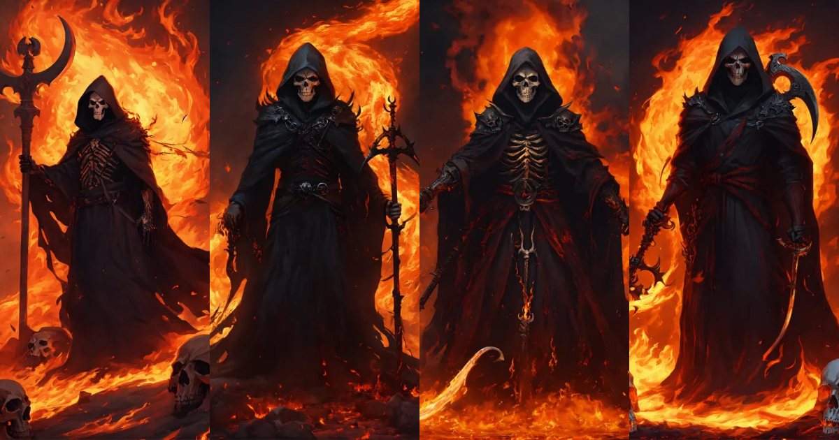 Lexica - Menacing grim reaper with flaming scythe, tattered flowing ...