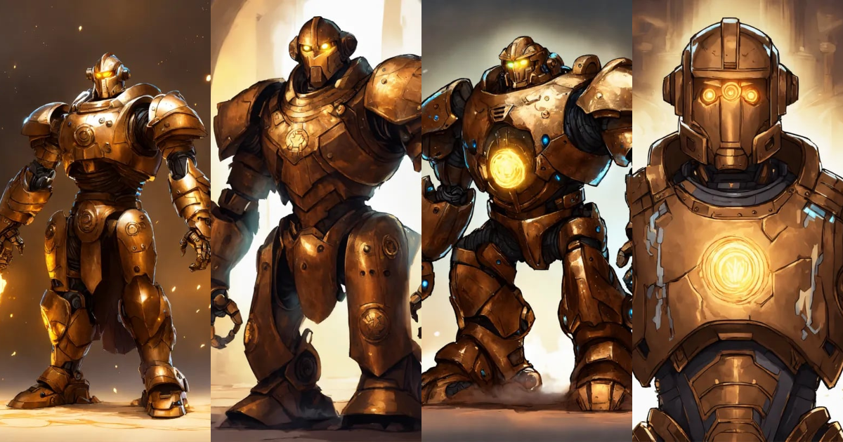 Lexica - Drawing of a large ancient bronze warforged robot hero with ...