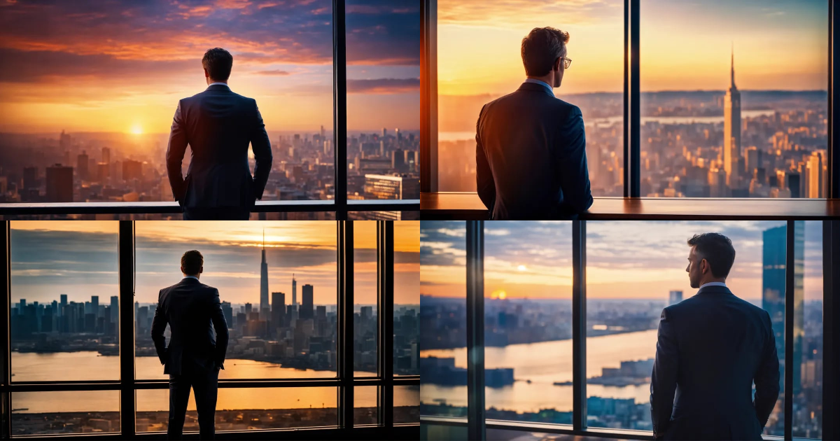 Lexica - Back view of Confident businessman watching city sunset ...
