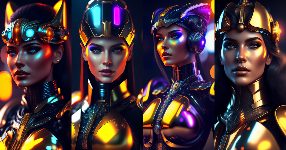 Lexica - Robot, female cyborg, high tech, ornaments, neon glow colors ...