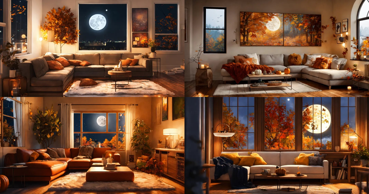 Lexica - Cozy living room, fall theme, leafs, grafitti fall art, big ...