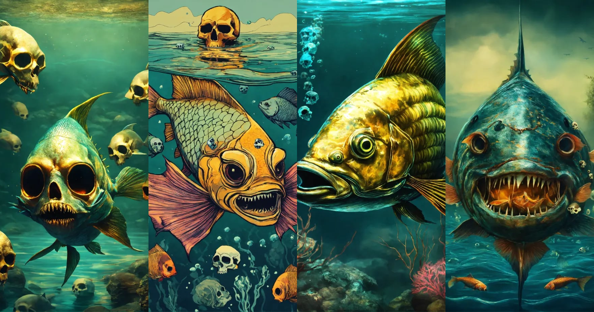 Lexica - Sinister fish in water with skulls