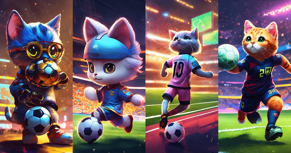 Lexica - Digital cyberpunk art of cute cat soccer player scoring a goal.