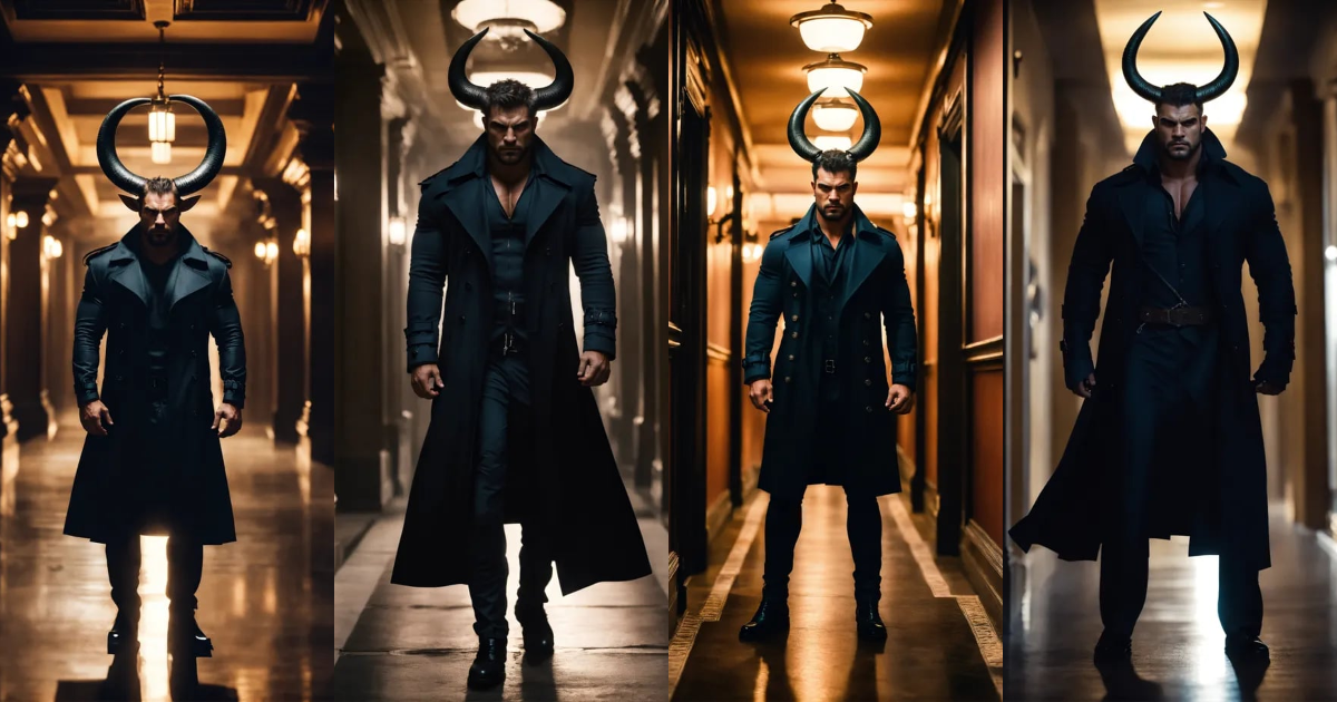 Lexica - A stoic, handsome, huge muscular man with minotaur horns in a ...