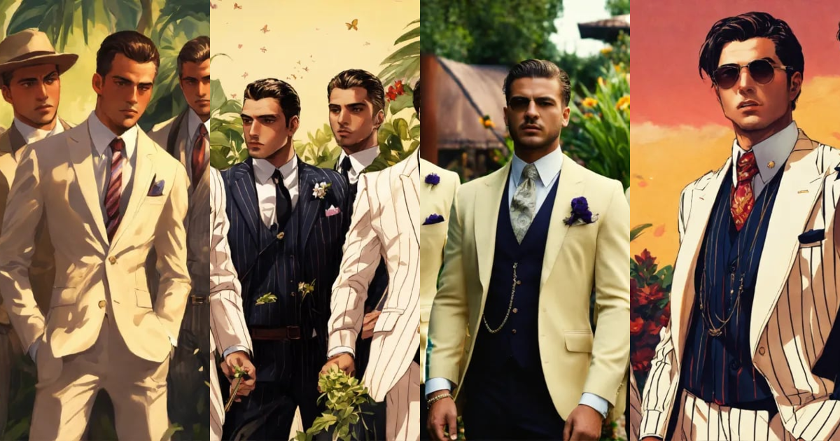 Lexica - Three young rough male mafiosi in cream pinstripe vested suit ...