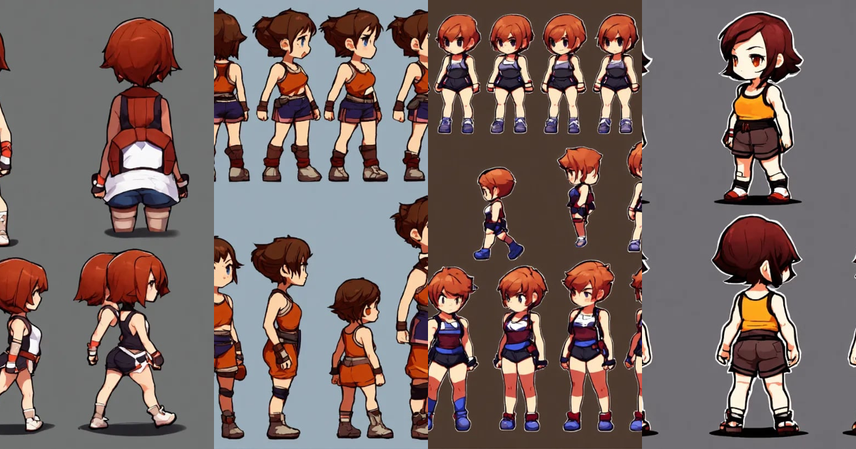 Lexica - Game assets, sprite sheet, girl, short hair, tank top, shorts ...