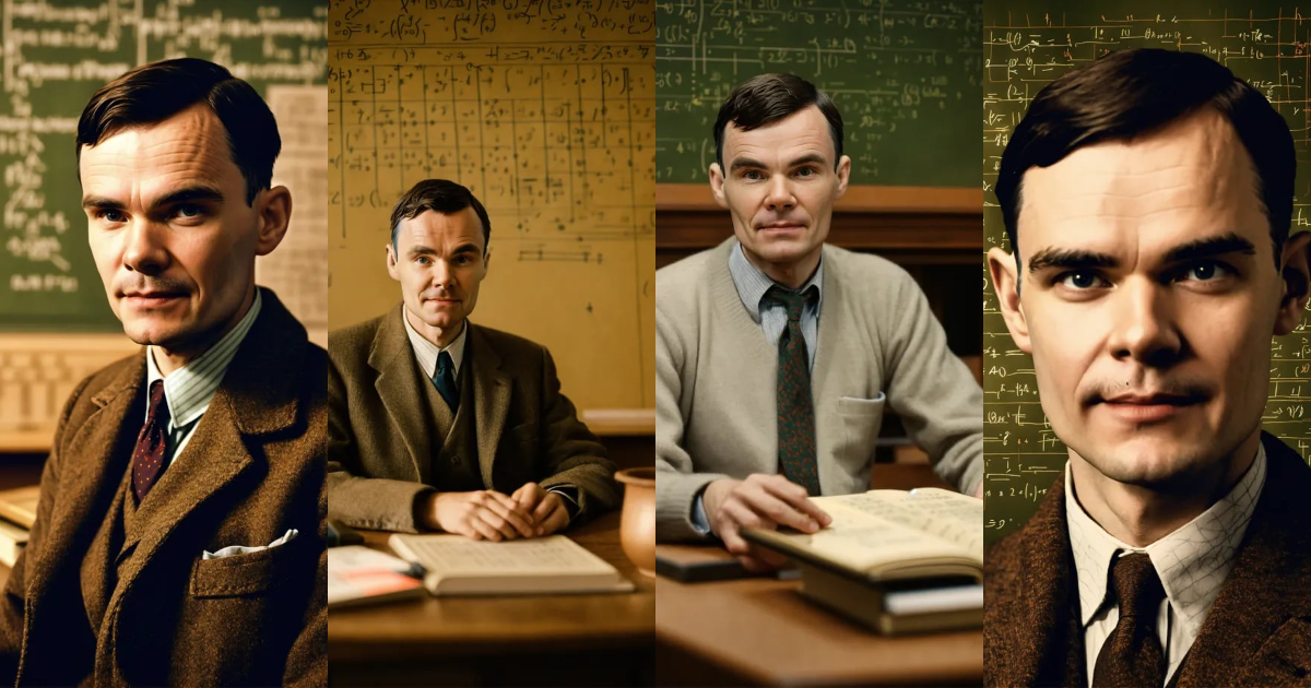 Lexica - A portrait of Alan Turing looking at the camera in a cosy ...