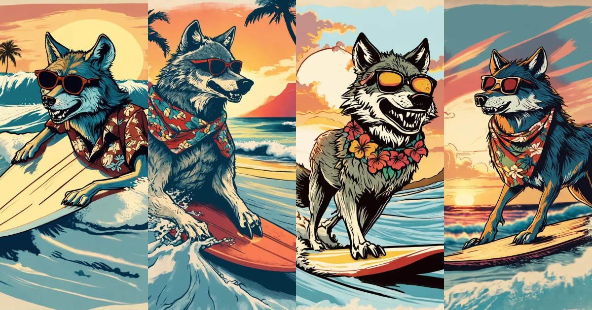 Lexica - A wolf surfing on a beach in Hawaii, at sunset. The wolf is ...