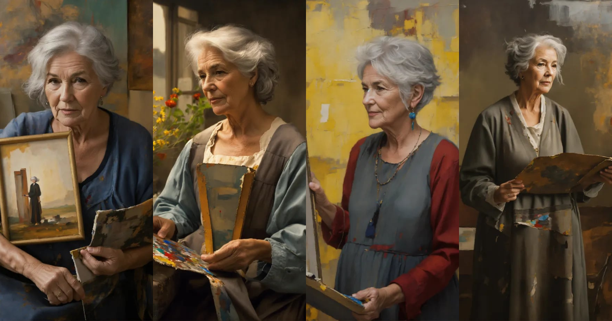 Lexica - You need an older, gray-haired woman with a tattered painting ...