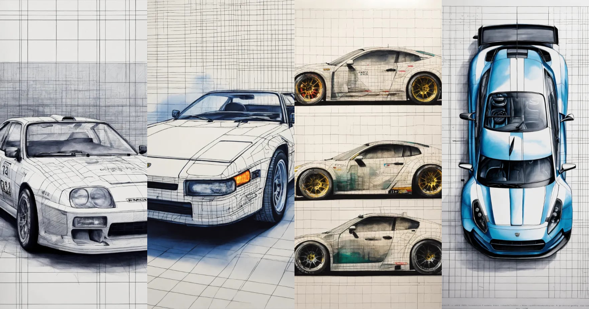 Lexica - Vehicle design technical drawing, on white grid paper fading ...