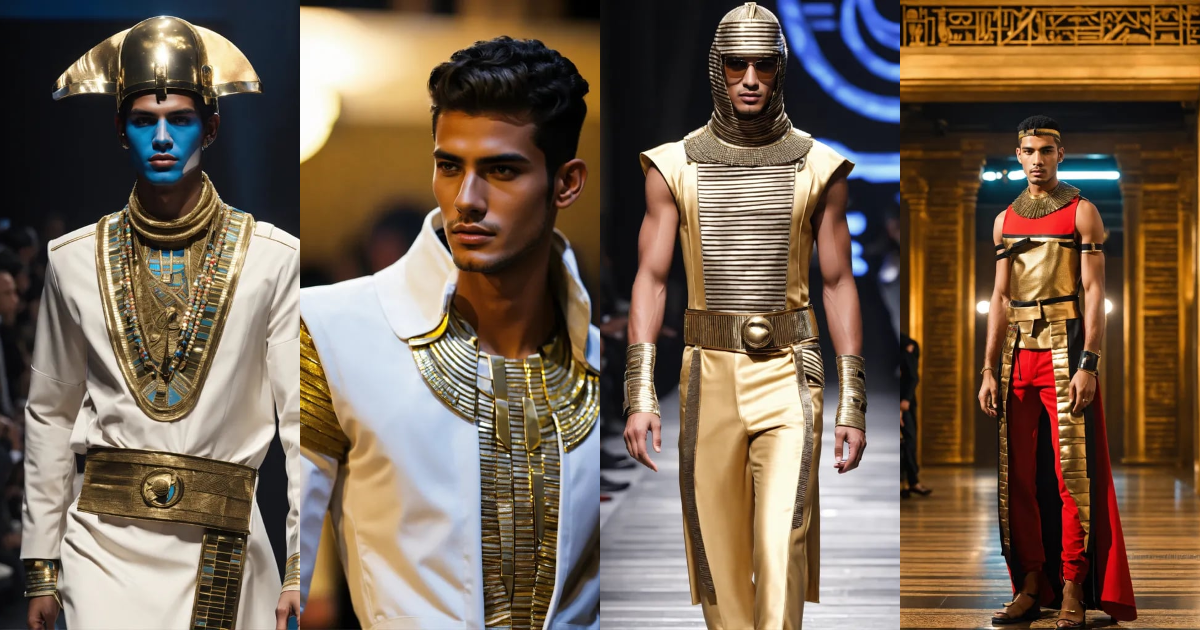 Lexica - Futuristic, modern Egyptian fashion on runway, men model