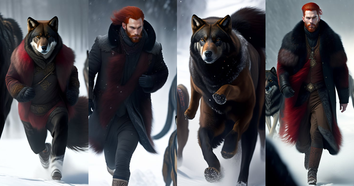 Lexica - Red haired man dressed in furs running with a pack of black ...