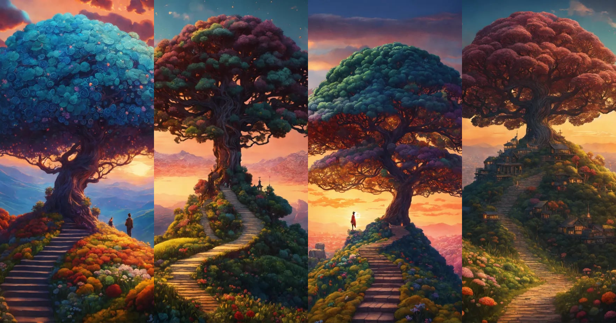 Lexica - Surreal giant tree on top of a hill, detailed, path up the ...