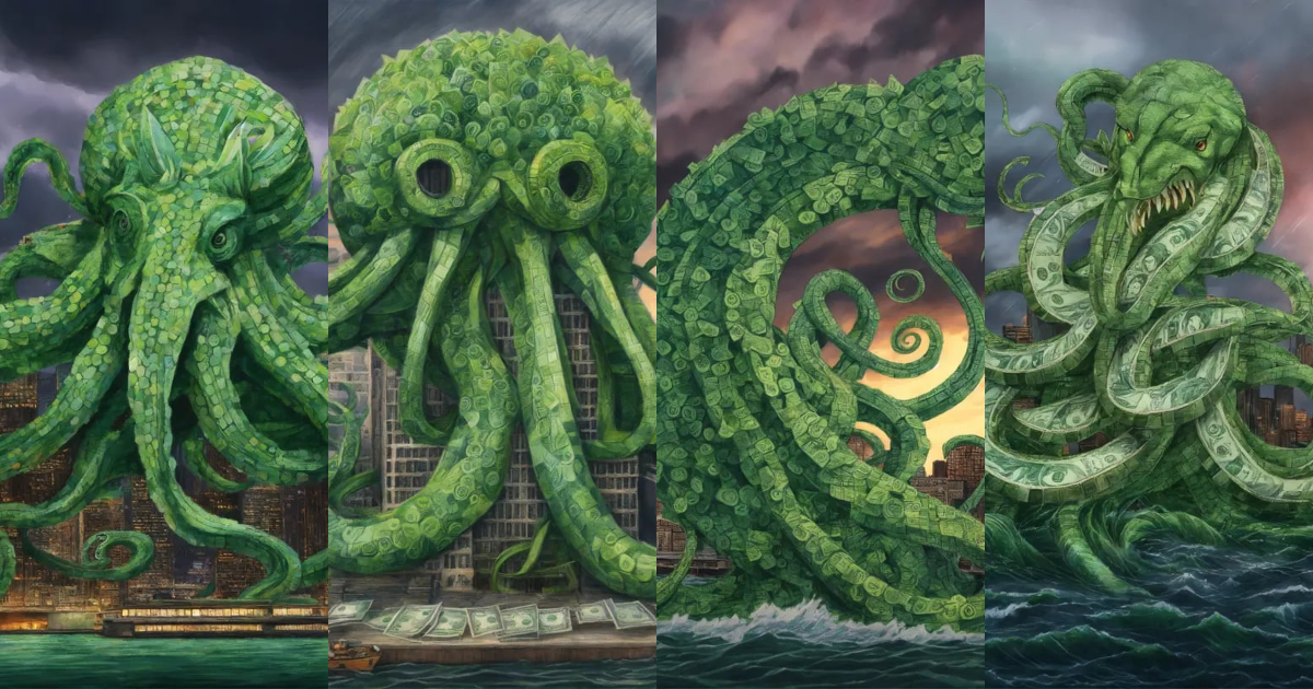 Lexica - Colored pencil sketch of a giant green kraken made of dollar ...