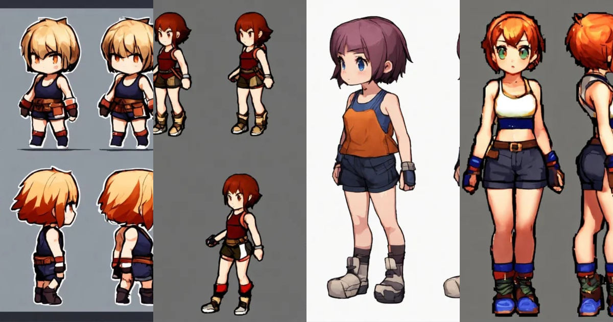 Lexica - Game assets, sprite sheet, girl, short hair, tank top, shorts ...