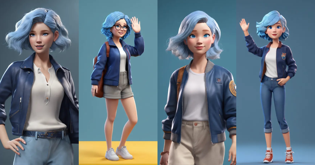 Lexica - (standing white woman), dark blue jacket, white t-shirt, accurate hair, light blue hair ...