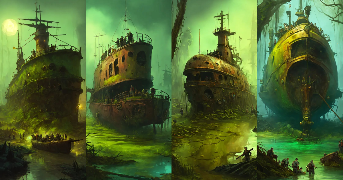 Lexica - Beached steampunk submarine shipwreck in swamp, digital ...