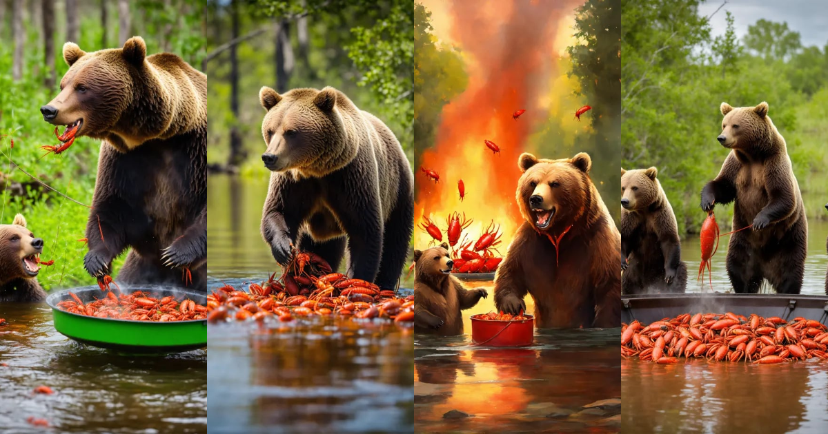 Lexica - A family of grizzly bears boiling crawfish in the bayou