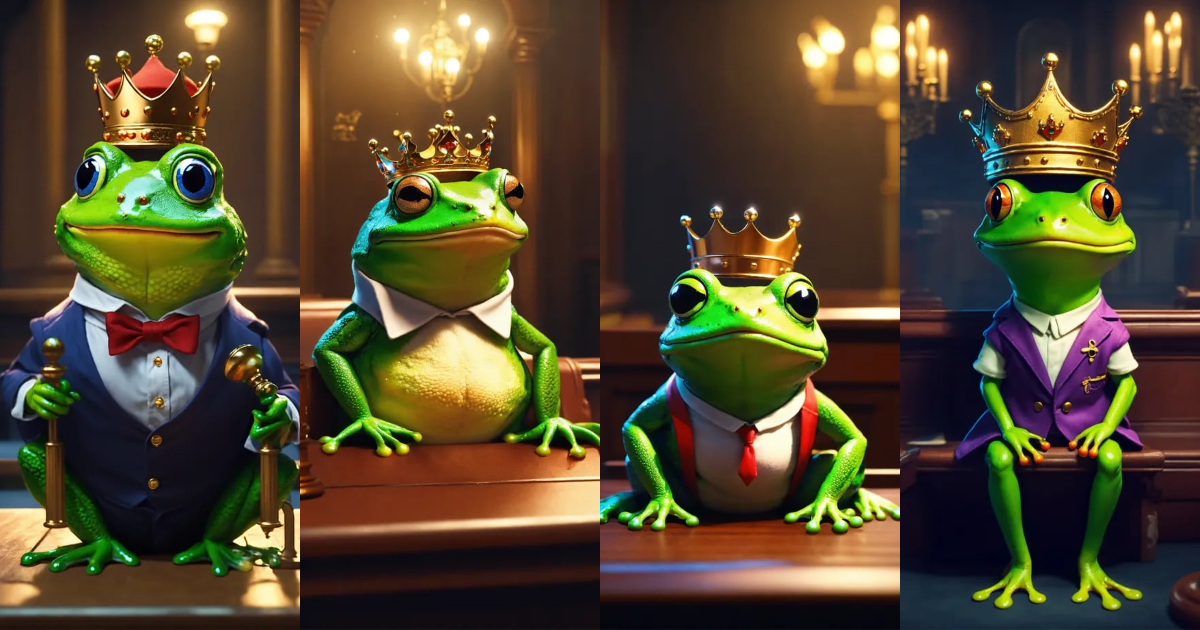 Lexica - Cute frog in crown court wearing talking to judge in the night ...
