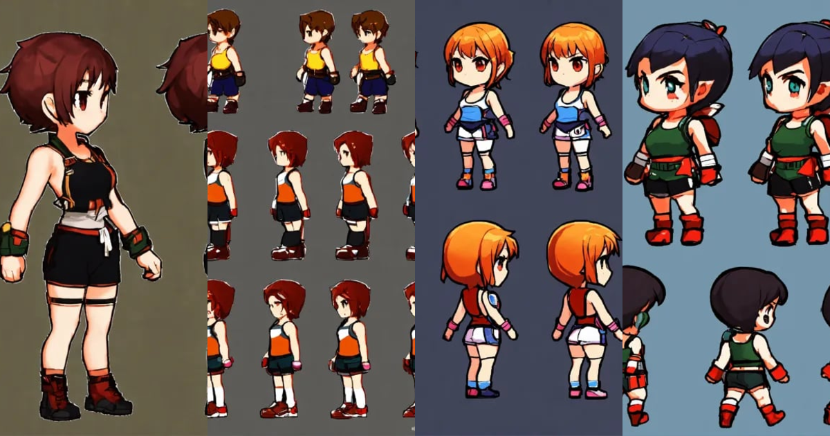 Lexica - Game assets, sprite sheet, girl, short hair, tank top, shorts ...