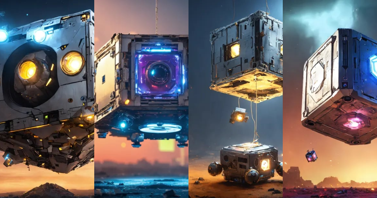 Lexica - Small flying floating smooth silver cube bot with 2 round ...