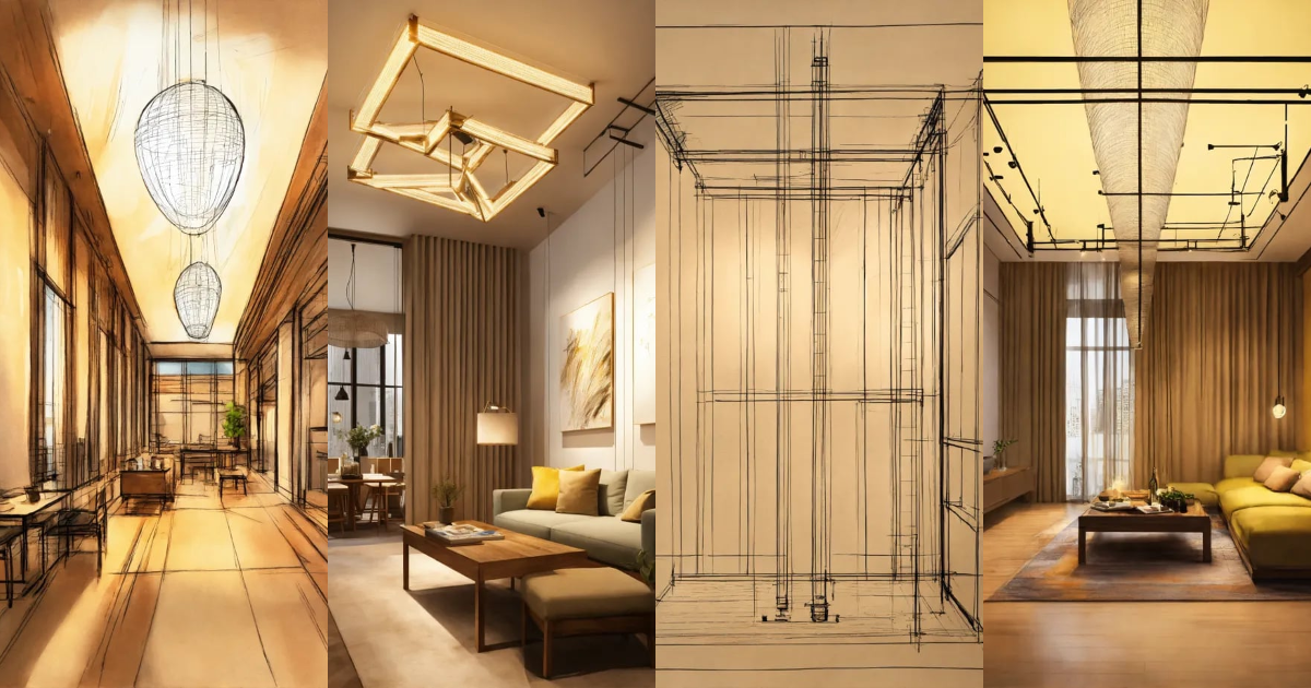 Lexica - 5 meter long ceiling light, sketch drawing style