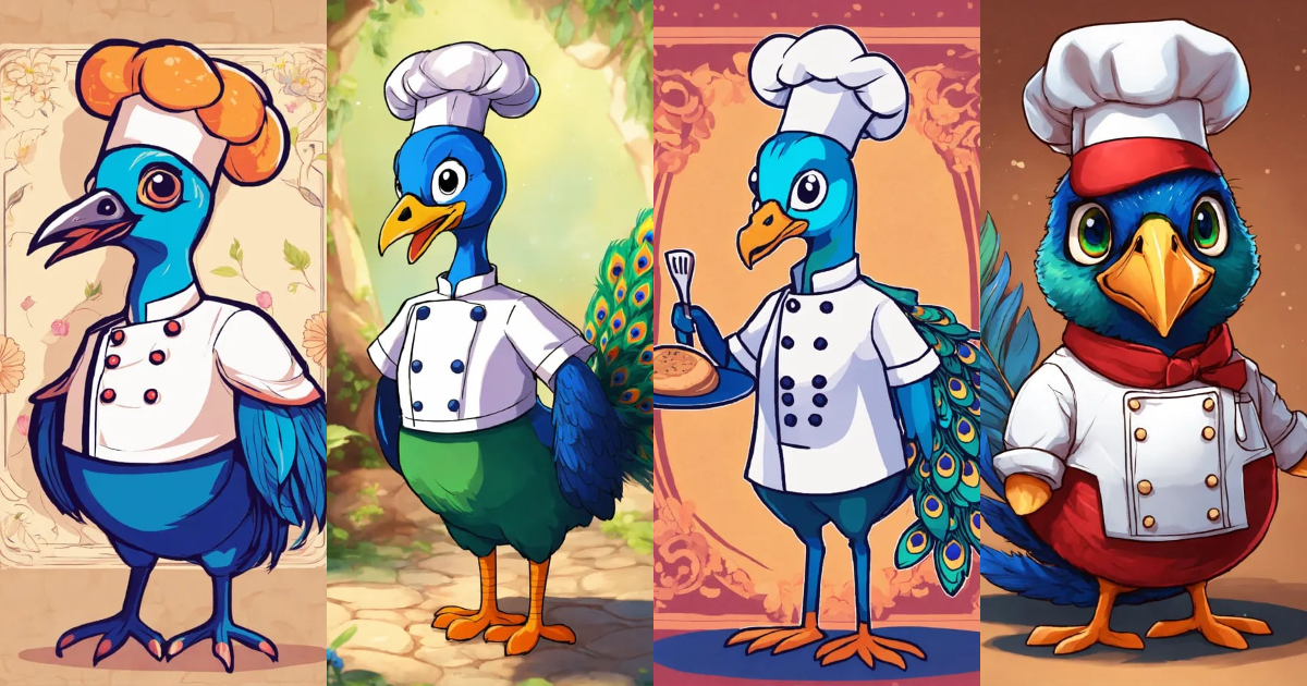 Lexica - A cute, beautiful peacock bird, wearing a chef uniform, doodle
