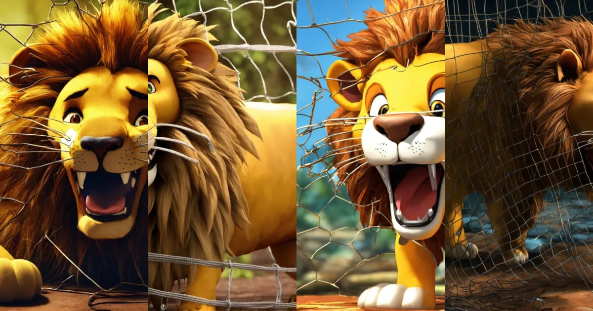 Lexica - Cartoon 3d big lion was captured and trapped in a net and with ...