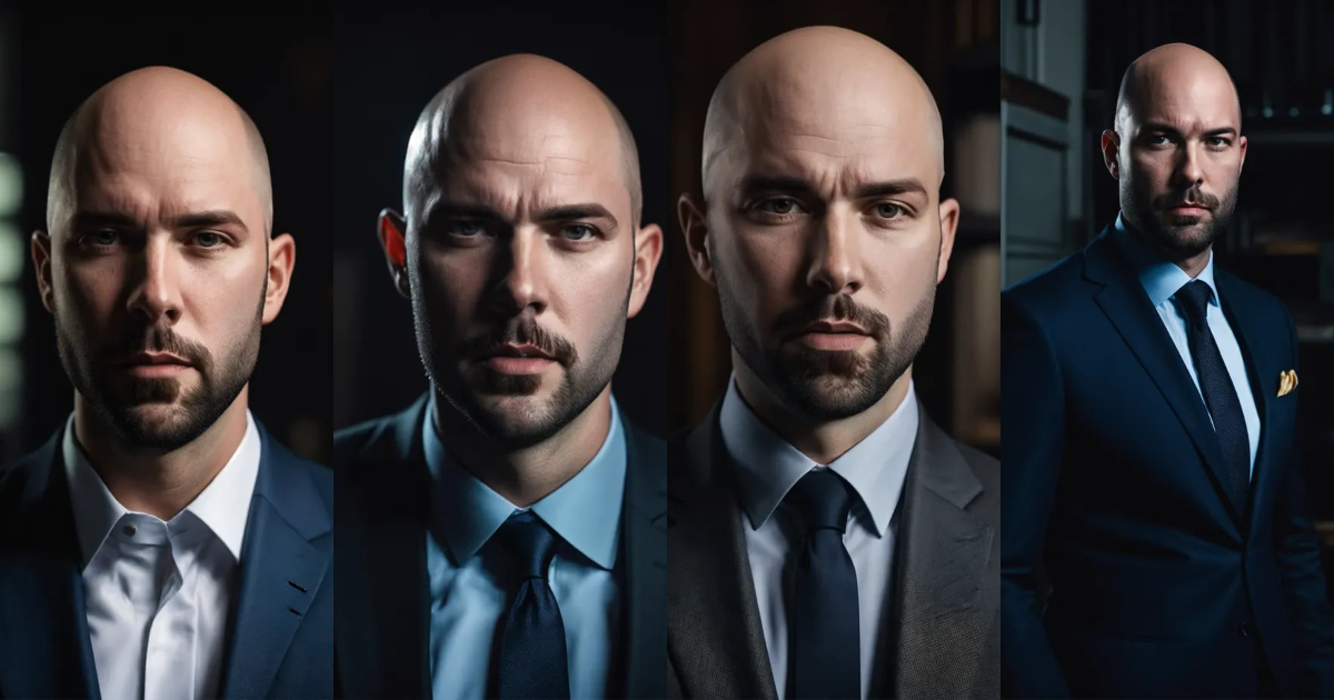 Lexica - Image of bald andrew tate, with stubble ,in a suit, facing at ...
