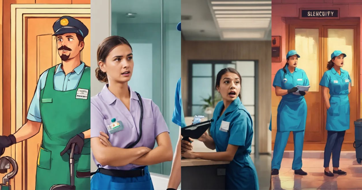 Lexica - Untra realistic two cleaning staff talking with security guard, scared and panicking