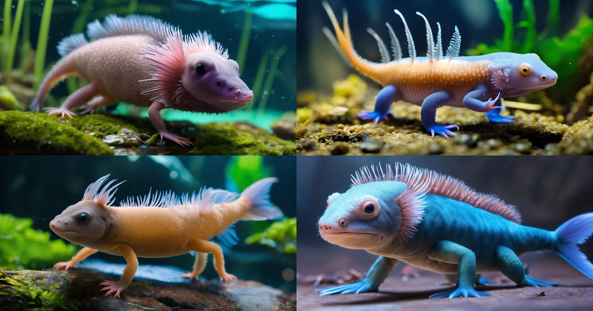 Lexica - A cute transluscent axolotl with feathery gills, blue-grey ...